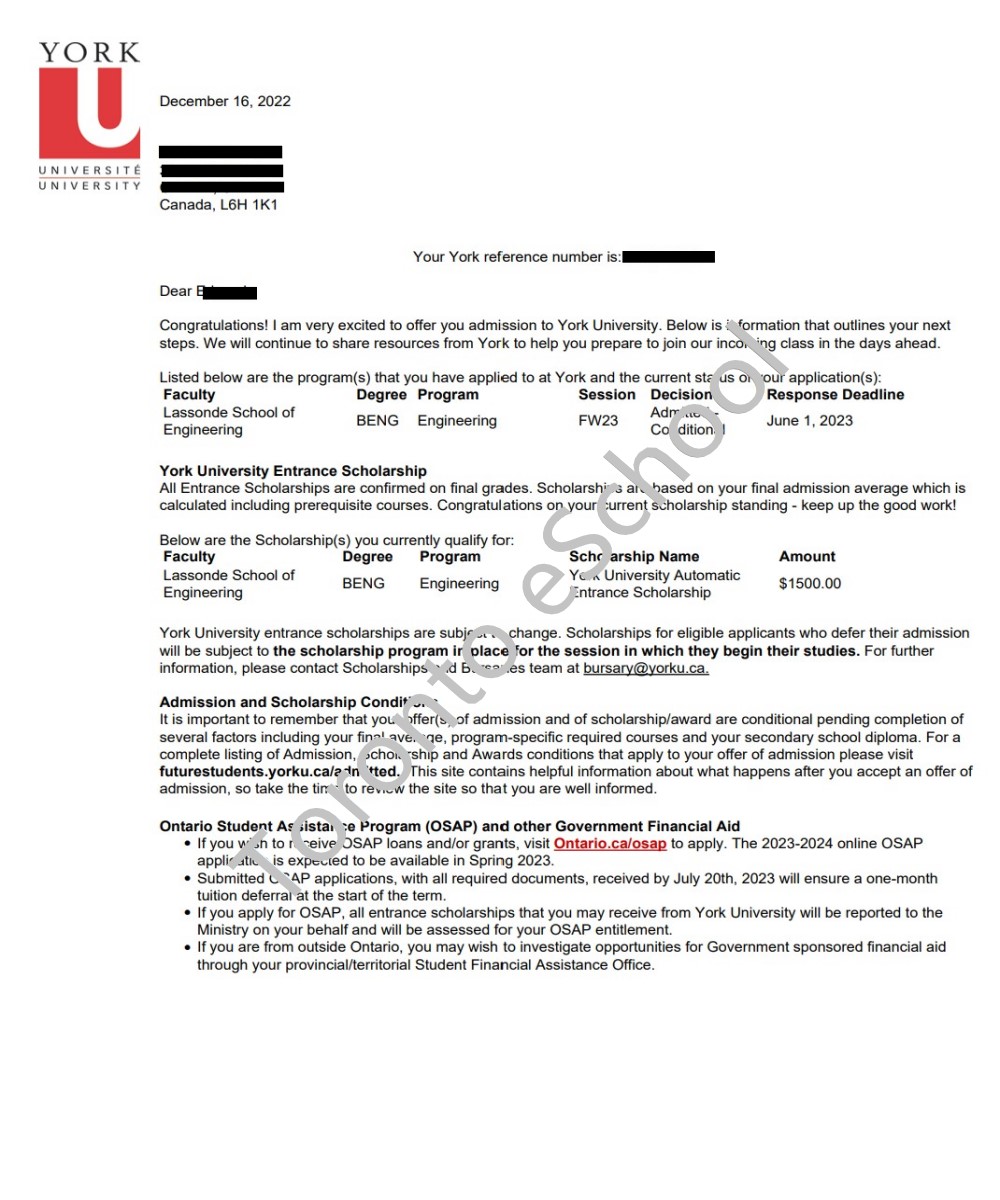 Congratulations on your offer of admission to the top universities