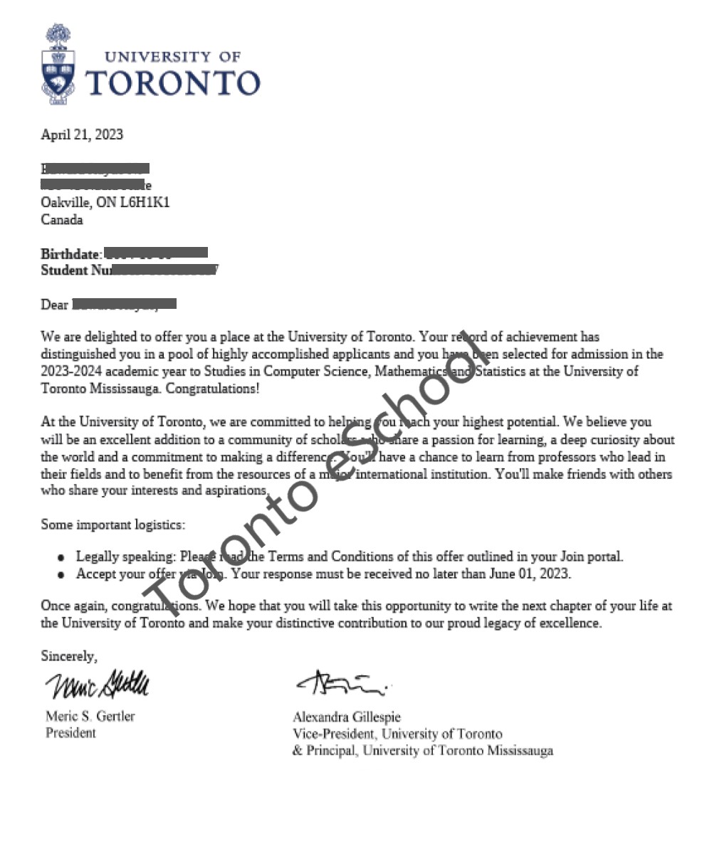Congratulations on your offer of admission 2023 - Toronto eSchool